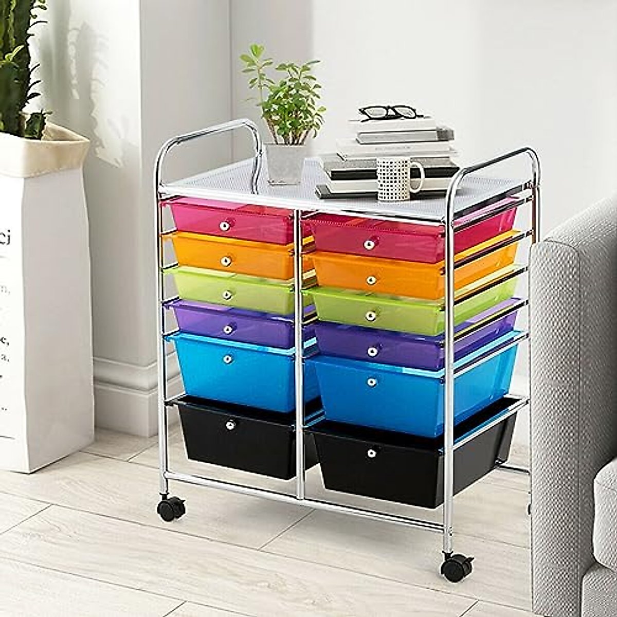 12-Drawer Rolling Storage Craft Cart and Organizer - Rolling Organizer Cart Tools and 4 Universal Casters (Transparent Multicolor)