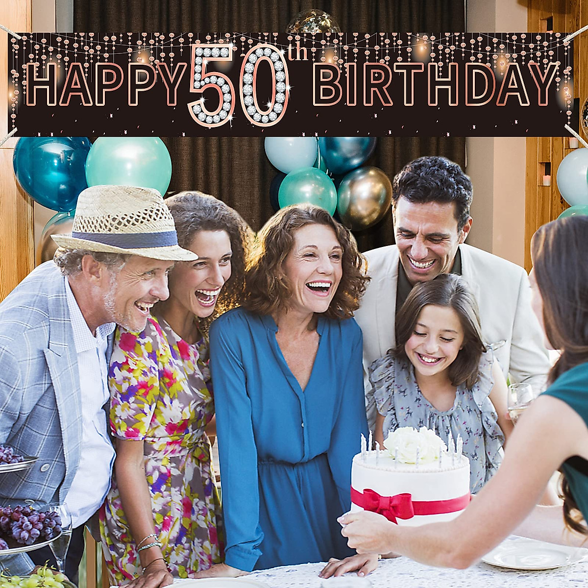 50th Birthday Banner Backdrop Decorations for Women, Rose Gold Happy 50 Birthday Party Photo Booth Props Sign Supplies, 50 Year Old Birthday Poster Decor(9.8ft x 1.6ft)