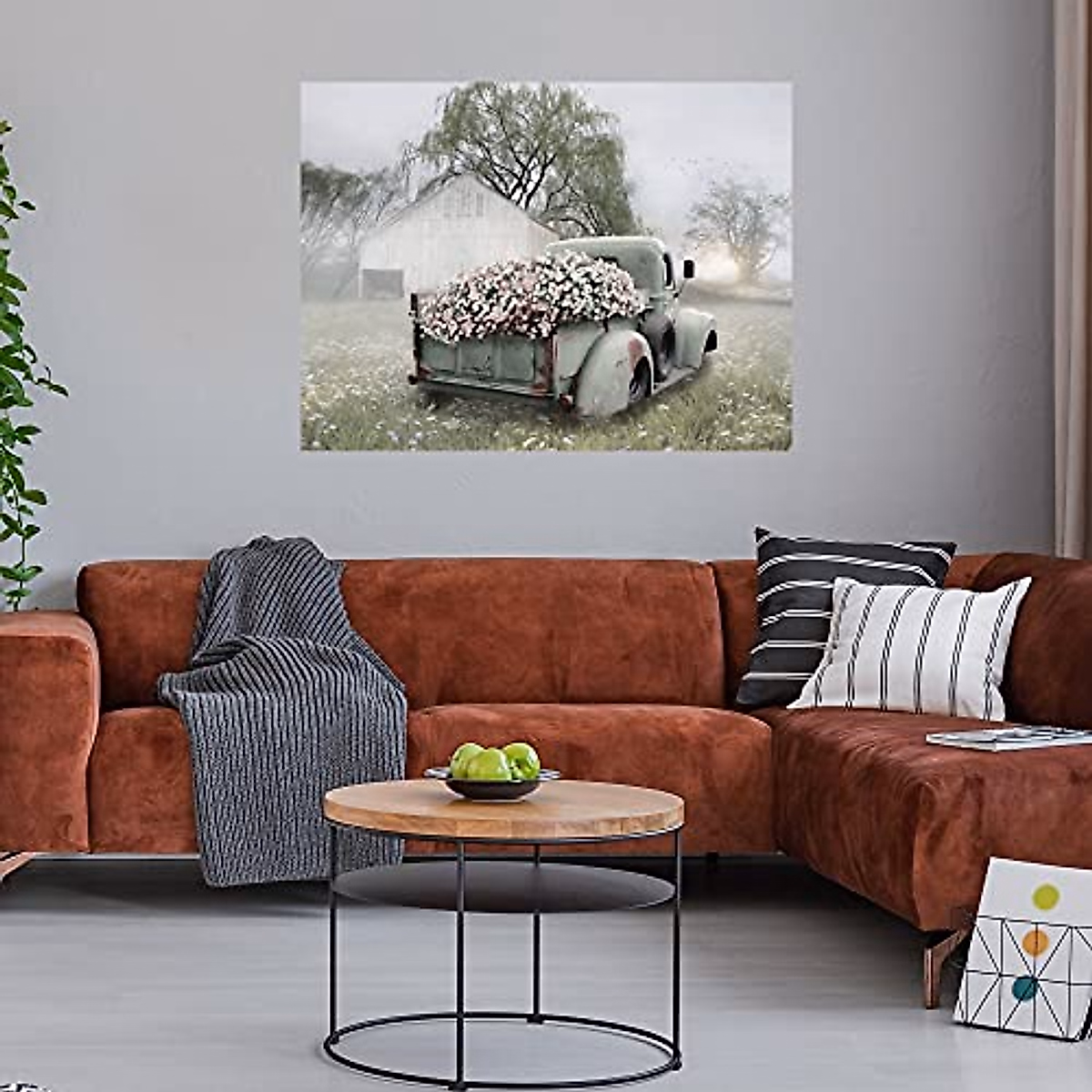 Fine Art Canvas Sage Green Truck with Blush Petunias Canvas Print by Artist Lori Deiter for Living Room, Bedroom, Bathroom, Kitchen, Office, Bar, Dining & Guest Room - Ready to Hang - 43InW x 32InH