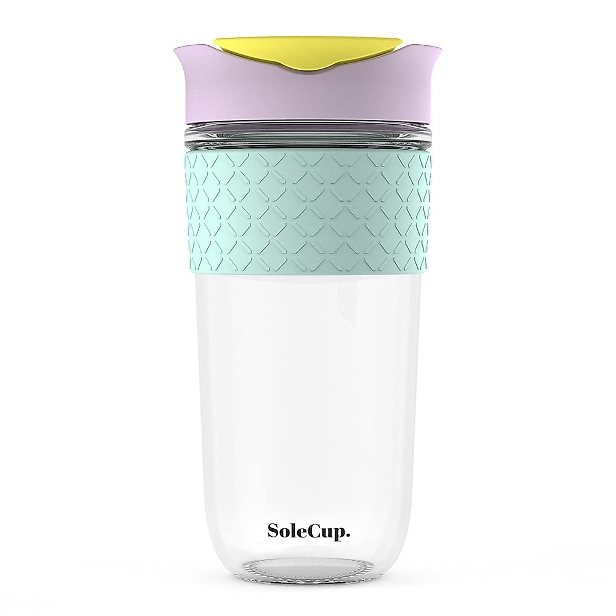 SoleCup. Large Travel Mug Loose Tea Infuser - Detachable Tea Strainer with Spill Proof Lid - 18oz/530ml BPA-Free Reusable Glass Travel Coffee Cup with Silicone Band (Ice-Cream)