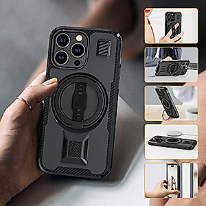 EWA MagOne Case Designed for iPhone 14 Pro Max Case Compatible with Magsafe with Ring Stand, Strap Grip, Dual Magnet Stick to Metal, Rugged Shockproof Protective (Black)