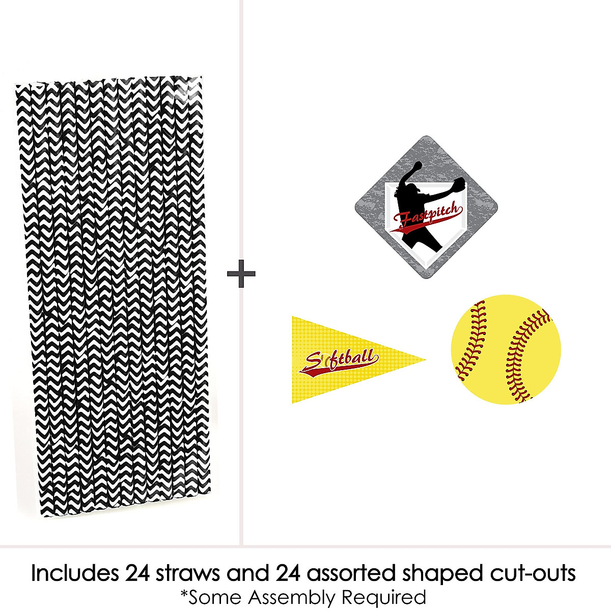 Big Dot of Happiness Grand Slam - Fastpitch Softball - Paper Straw Decor - Birthday Party or Baby Shower Striped Decorative Straws - Set of 24