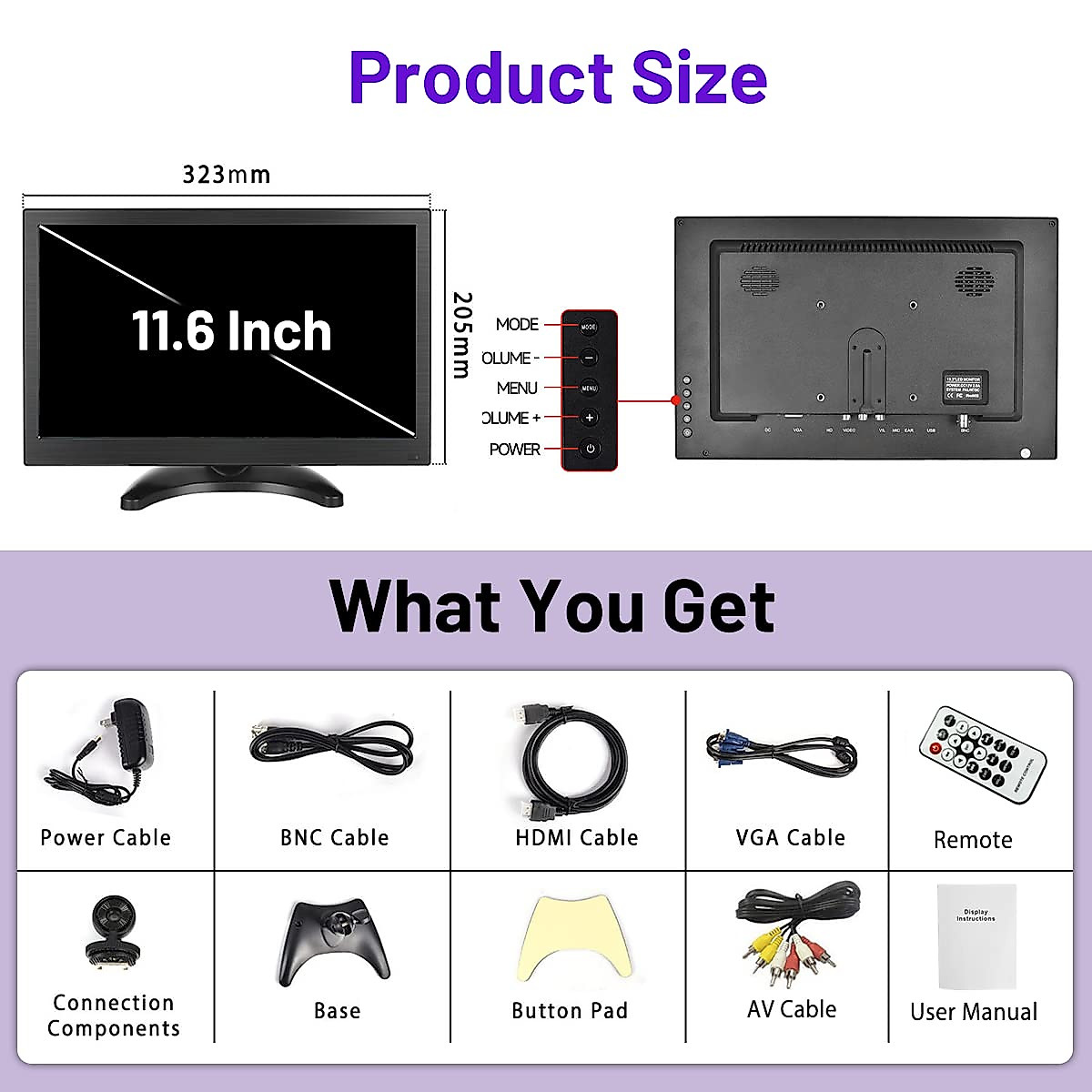 Hikity 11.6 Inch Small HDMI Monitor 1920x1080P Portable CCTV Monitors with BNC, AVI, VGA, HDMI Input Cable, Remote Control, Built-in Speakers, for PC, CCTV, Security Camera, Raspberry Pi, X-Box