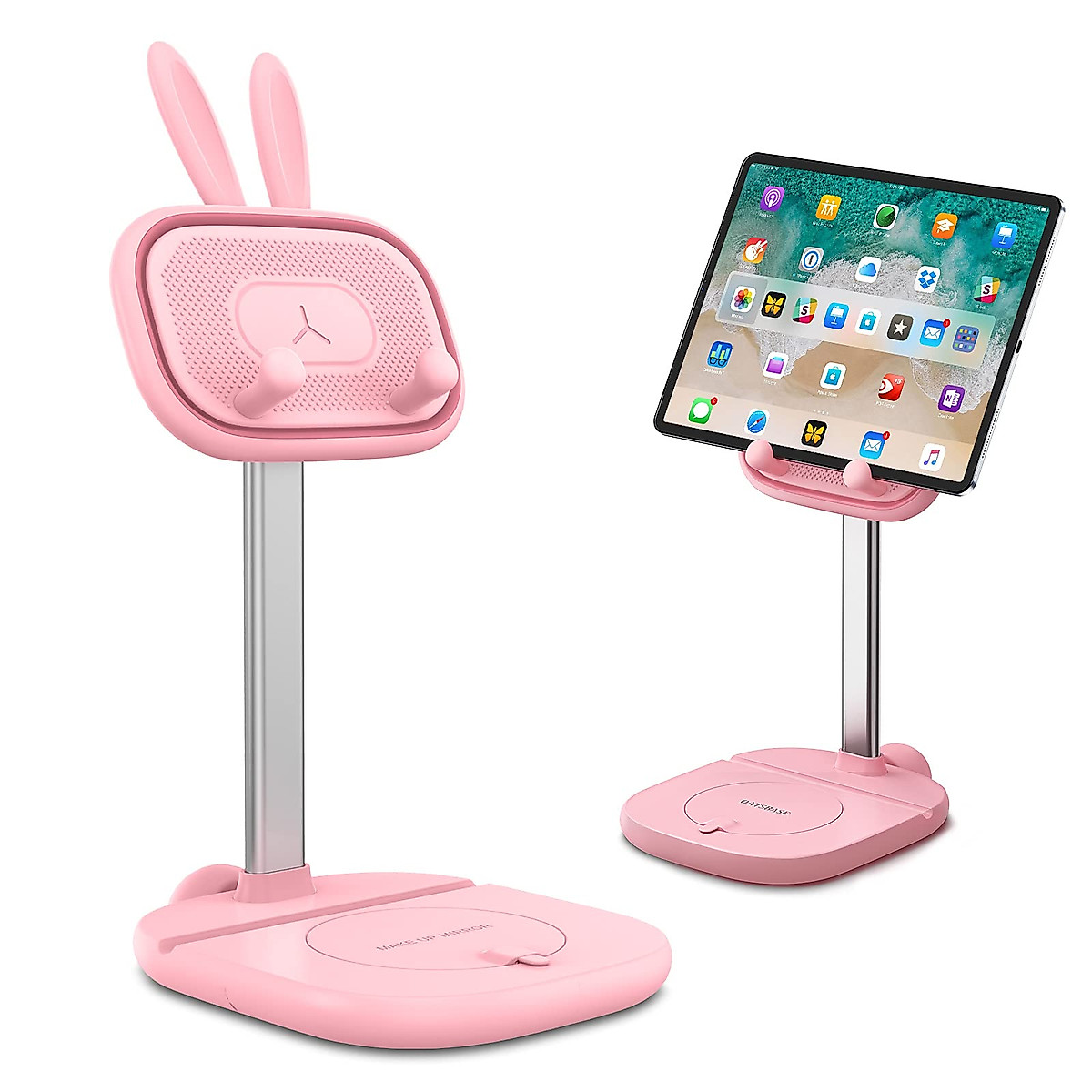 OATSBASF Cute Bunny Tablet Stand for Desk, Adjustable Height Tablet Stand Holder Dock Compatible with iPad, Pro 9.7, 10.5, 12.9 Air Mini, Tablet, Kindle, Nexus, Tab, E-Reader (4-13") (Pink Plus)