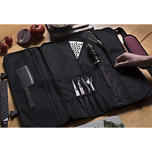 Asaya Chef Knife Roll Bag - 20 Total Pockets for Knives and Kitchen Utensils - Made with Stain Resistant Waxed Nylon - For Chefs and Culinary Students - Knives Not Included(Red)