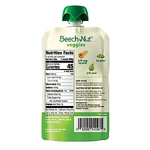 Beech-Nut Veggies Stage 2 Baby Food, Squash Peas & Pears, 3.5 oz Pouch