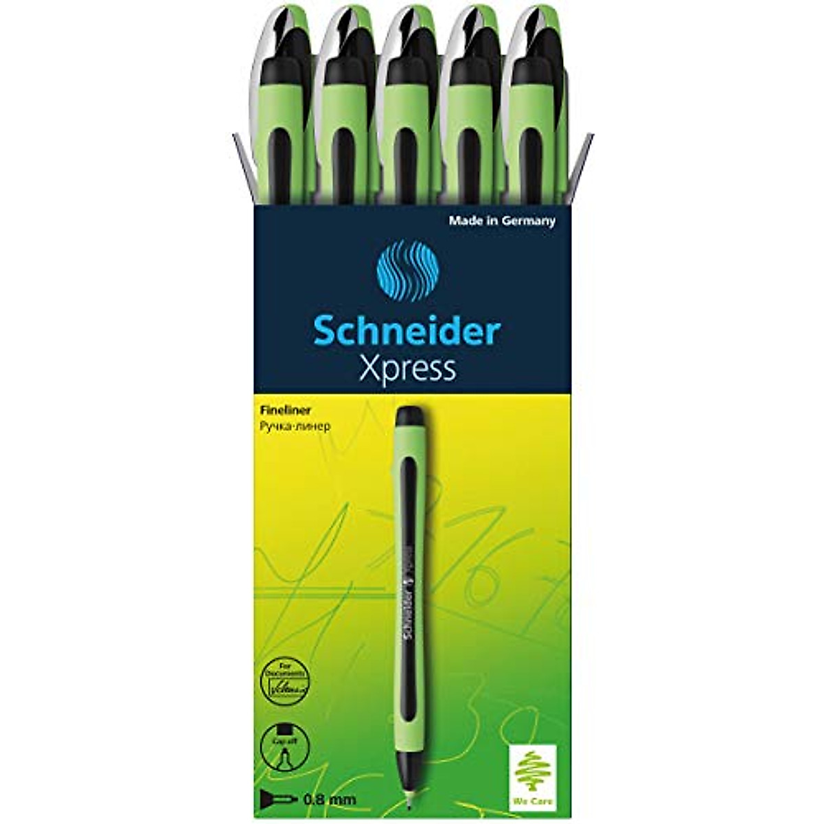 Schneider Xpress Premium Fineliner, 0.8 mm Porous Point, Light Green Barrel, Black Ink, Box of 10 Pens (190001)
