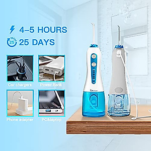 Binicare Water Flosser, Portable Oral Irrigator with 300ML Detachable Reservoir 5 Modes and 6 Jet Tips, Rechargeable & IPX7 Waterproof Water Flossers for Teeth Travel Home Office