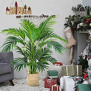 Worth Garden 4ft Artificial Areca Palm Plant 2 Packs in Pot, Fake Cane Palm Silk Tree Indoor Outdoor, Dypsis Lutescens, 47in Lifelike Faux Silk Plant Home Decor, Two Linen Bags & 20g Dry Moss Included