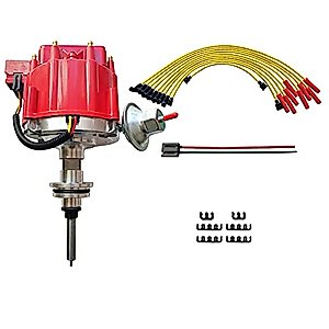MAS Red Cap Performance HEI Distributor+Spark Plug Wires+Free Pig Tail Kit Replacement for Mopar Chrysler Dodge Plymouth V8 Engines 273 318 340 360 —7500 RPM 65K Coil (Red Hei Kit)