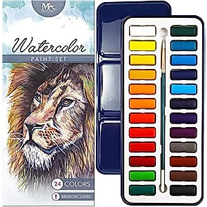 MozArt Supplies Watercolor Paint Essential Set - 24 Vibrant Colors - Lightweight and Portable - Perfect for Budding Hobbyists and Professional Artists - Paintbrush Included