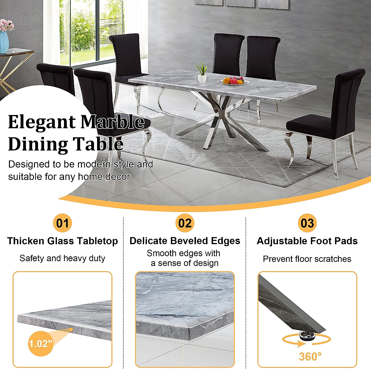 Pvillez Grey Marble Dining Table for 8-10 Person, 78" Rectangle Marble Top Dining Table with Gloss Silver Stainless Steel Pedestal Base, Mid Century Modern Dining Table for Kitchen Dining Room Dinner