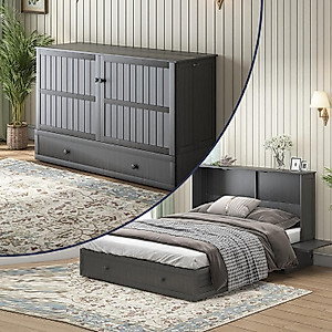 ijuicy Murphy Bed Queen,Cube Chest Cabinet Bed with Charging Station & 3 Level Foldable Memory Foam Mattress & Large Drawer for Guests/Bed Room-Grey
