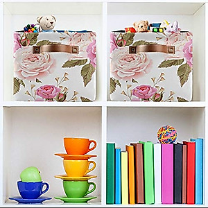 susiyo Large Foldable Storage Bin, Floral Pink Roses Fabric Storage Baskets Collapsible Decorative Baskets Organizing Basket Bin with PU Handles for Shelves Home Closet Bedroom Living Room-2Pack