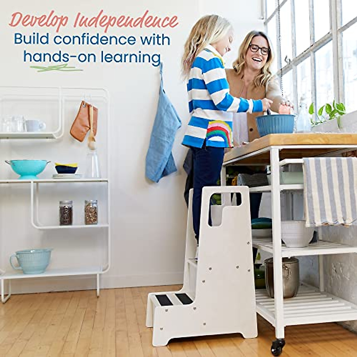 ECR4Kids Reach-Up Step Stool with Handles, Children's Furniture, White Wash