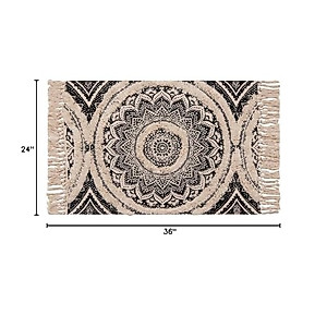 Seavish Tufted Cotton Rug, 2X3 Black Mandala Boho Rug, Hand Woven Bohemian Throw Rugs, Shag Accent Fringe Tassel Rug for Bedroom Bedside Kitchen, Laundry Room Rug