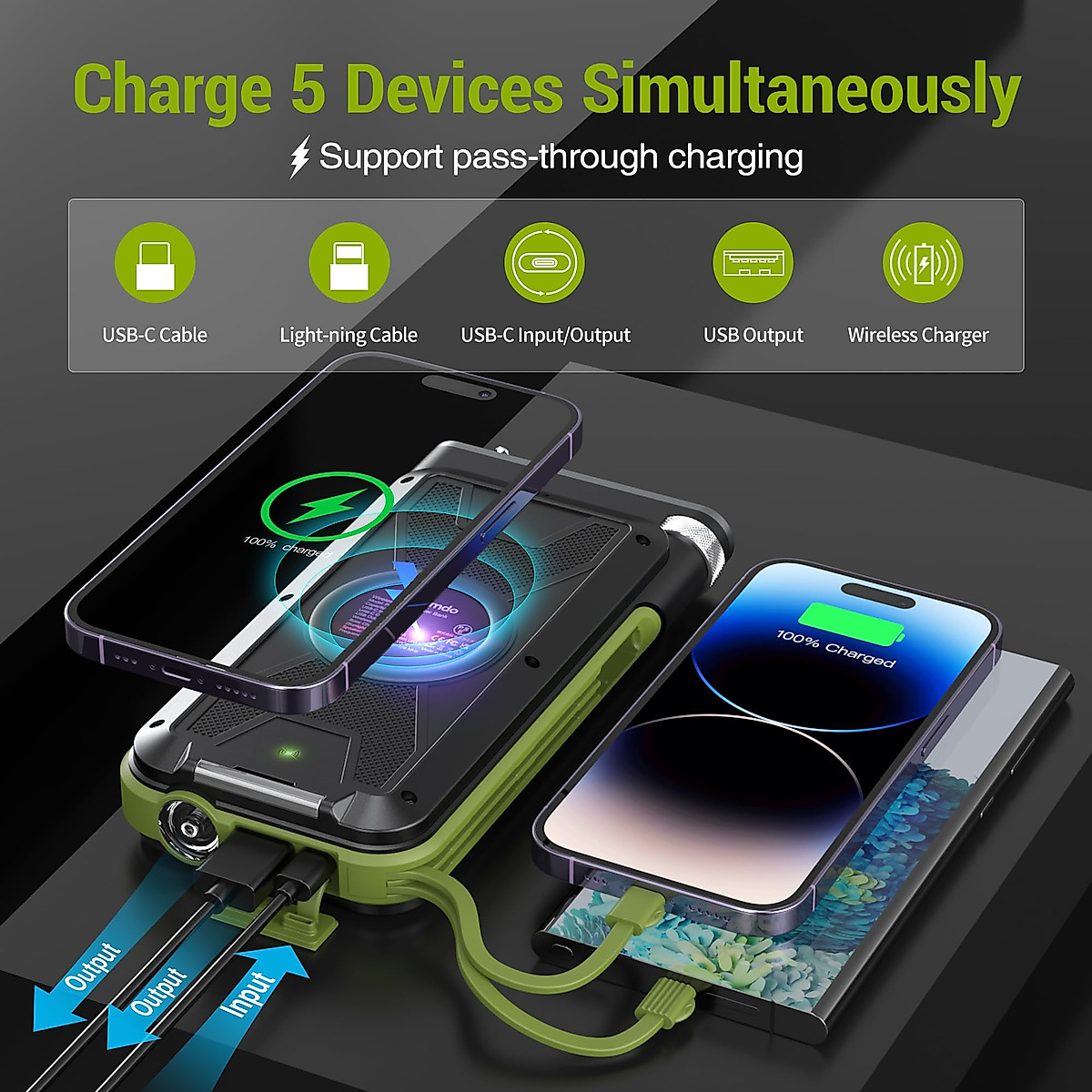 Fokimdo Solar Charger Power Bank 36800mAh, Wireless Charging, Built-in 2 Cables with Emergency Radio & Flashlight, Waterproof Fast Charge for Hiking, Camping, Travel, and Emergency Preparedness