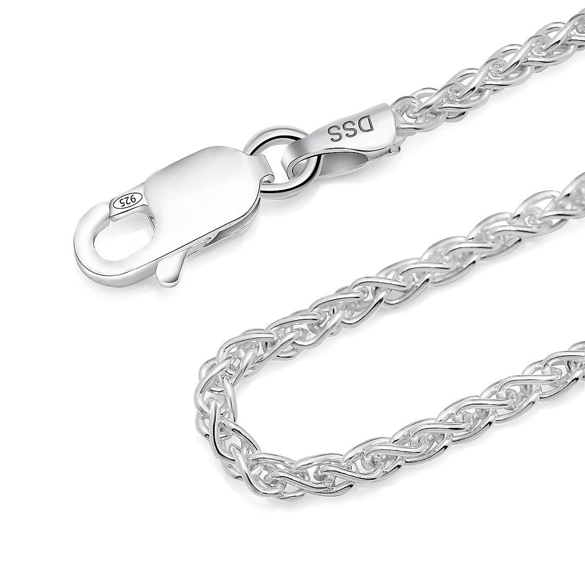 925 Sterling Silver Wheat Chain 2mm - Italian Spiga Sterling Silver Necklace Chain with Lobster Claw Clasp, Nickel Free 925 Silver Chain Necklace in lengths from 16-30 Inches