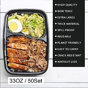 Meal Prep Container with Lids, 50 Pack Divided Food Storage Containers Microwave Safe 2 Compartment Disposable Bento Box Reusable To-go Container Plastic Bento Lunch Box (33 oz)