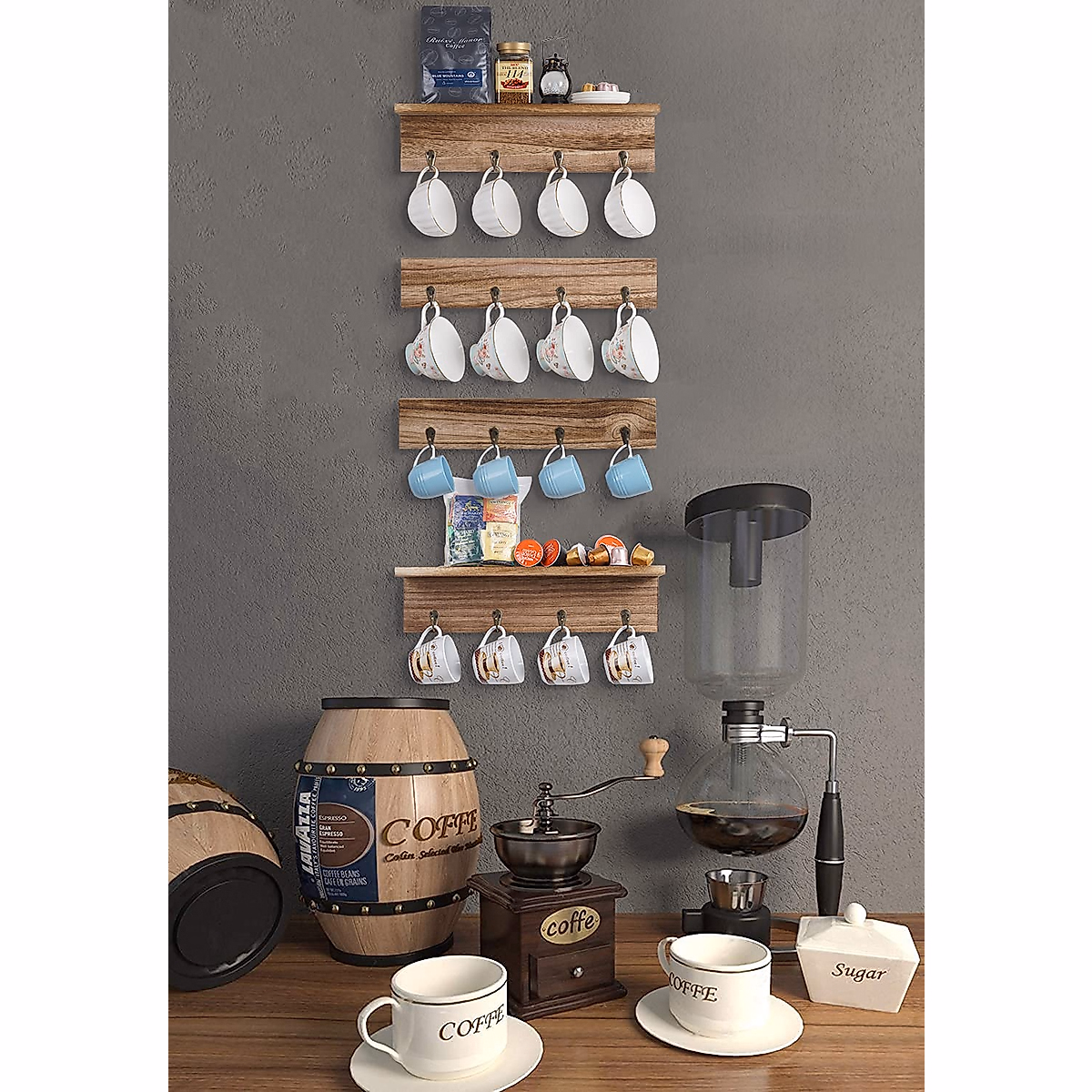 TRSPCWR Coffee Mug Rack with Storage Shelf, Rustic Wood Coffee Mug Holder Wall Mounted with 16 Hooks, Coffee Cup Holder for Mugs Tea Cups Display and Organizer, Set of 4