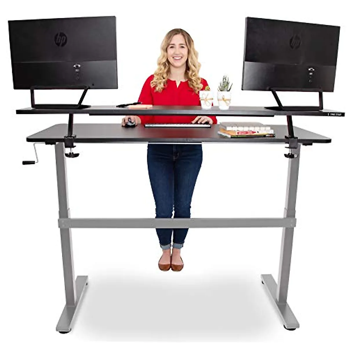 Stand Steady Tranzendesk 55 in Standing Desk with Clamp On Shelf | Easy Crank Height Adjustable Stand Up Workstation w/Attachable Monitor Riser | Holds 3 Monitors & Adds Desk Space (55/Silver Base)