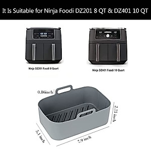 [ 2 Pcs ] Silicone Air Fryer Liners Rectangular, Air Fryer Liner Rectangle for Ninja DZ201/DZ401 Foodi, Ninja Dual Air Fryer Liners for Ninja 8 QT Air Fryer, Ninja Double Air Fryer Accessories (grey)