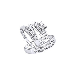 AFFY White Natural Diamond Engagement & Wedding Trio Bridal Ring Set in 10K Solid White Gold (1 Carat, I-J Color, I2-I3 Clarity)