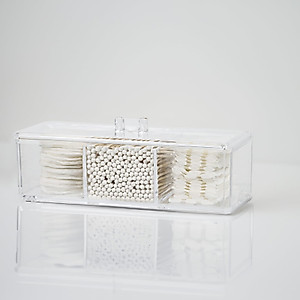 ZEXALOR Clear Bathroom Dresser Organizer - Cotton Ball Swab Holder with 3 Divided Compartments&Lid, , Waterproof Transparent Small Plastic Storage Containers, Vanity Makeup Organization (Clear)