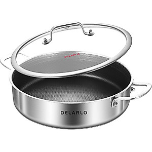 DELARLO Tri-Ply Stainless Steel Saute Pan 6 Quarts Deep Frying Pan, 12 inch Induction Compatible Chef Cooking Pan, Sauté Pan with lid, Dishwasher & Oven Safe