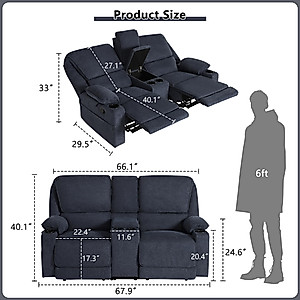YOCONYO Loveseat Recliner, RV Reclining Loveseat, Home Theater Seating, Manual Loveseat with Console, 4 Cup Holders, 2-Seater Recliner Sofa, RV Furniture for Travel Trailers, Livingroom (Navy Blue)