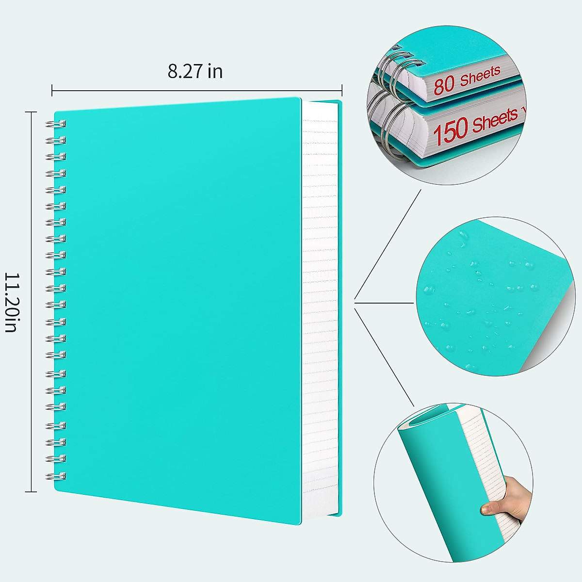 AHGXG Spiral Notebook College Ruled - Large Spiral Journal A4 Notebook 8.5" x 11", 300 Pages Writing Journal for Work, 100GSM Thick Paper, Plastic Hardcover, for Women Men Office School, Lake Blue