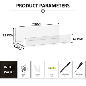 Hexsonhoma 7'' Clear Acrylic Wall Shelf 2 Pack, Acrylic Floating Shelves, Acrylic Small Shelf for Books, Home Décor, Digital Clock, Speaker, Wine Bottle