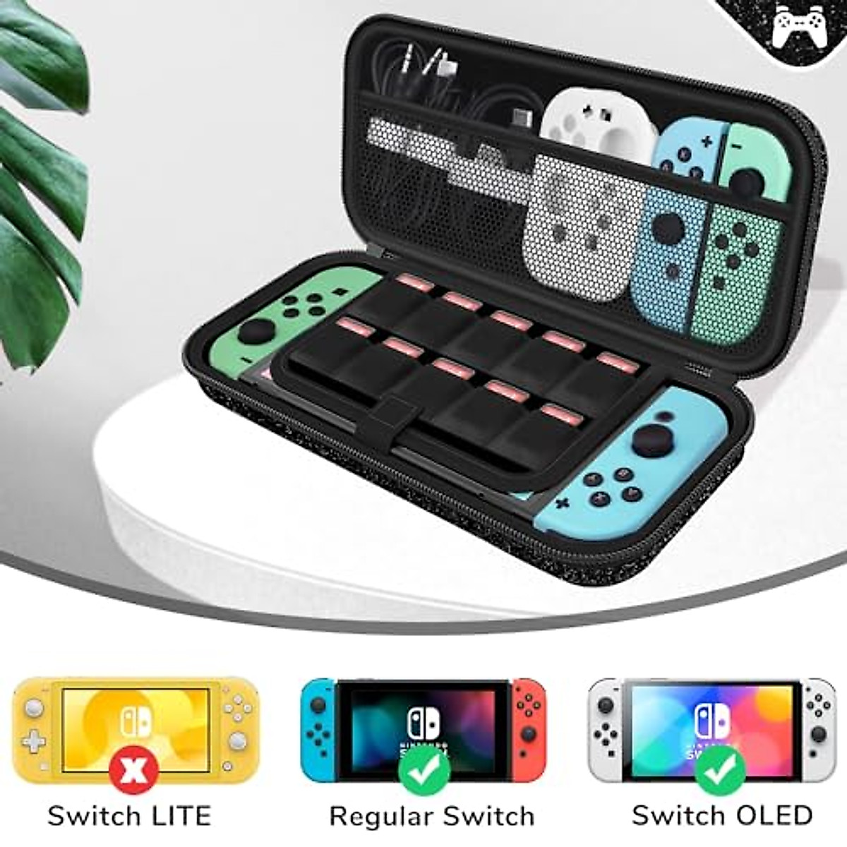 homicozy Glitter Carrying Case Compatible with Nintendo Switch OLED & Switch Console,Black Protective Hard Travel Case Shell Pouch for Nintendo Switch Console/Accessories,Switch Gaming Case for Girls