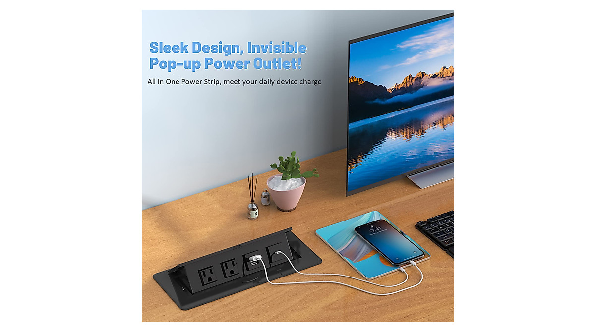Pop Up Power Strip with PD 30W USB Ports, Recessed Power Grommet Outlet ...