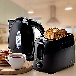 OVENTE Electric Kettle + 2-Slice Toaster Combo, 1.7L Hot Water Boiler with Auto Shut-Off and Boil Dry Protection, Toasting Machine with 6-Shade Settings and Removable Crumb Tray, Black KP72B + TP2210B