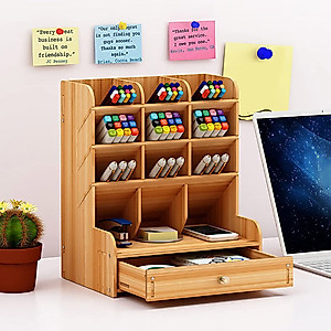 dsfen Wooden Desktop Organizer Multi-Functional Pen Holder Storage Box Desktop Stationary Storage Organizer with Drawer for Home Office School