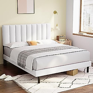 Molblly Queen Size Bed Frame Upholstered Platform with Headboard and Strong Wooden Slats,Mattress Foundation,Non-Slip and Noise-Free,No Box Spring Needed, Easy Assembly,White