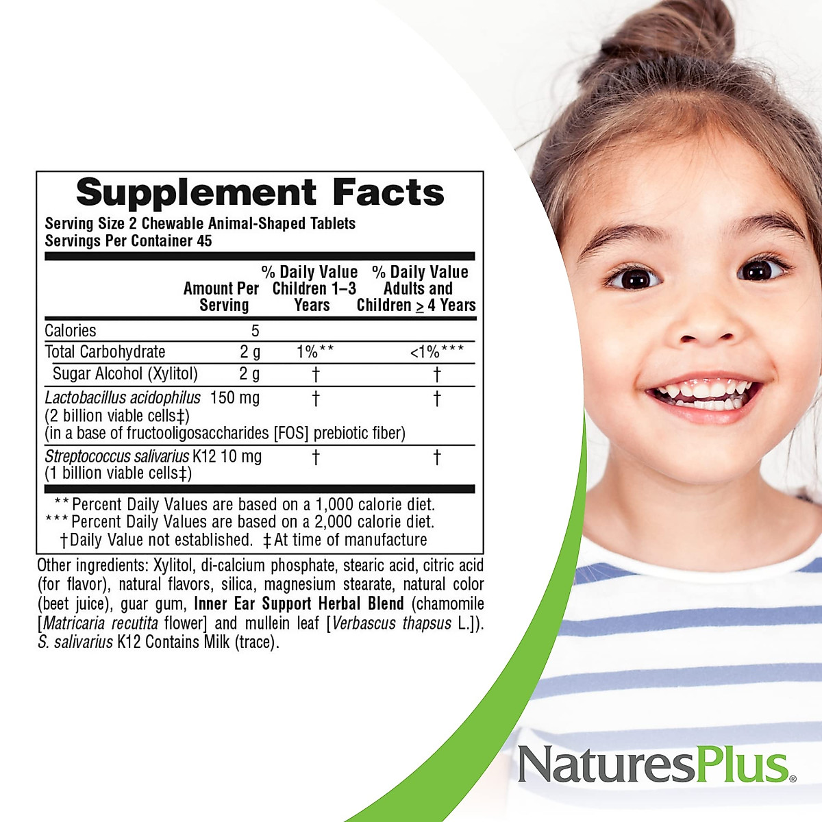 Natures Plus Animal Parade Inner Ear Support Children’s Chewable - Natural Cherry Flavor - 90 Animal-Shaped Tablets - Probiotic Supplement - Gluten Free - 45 Servings