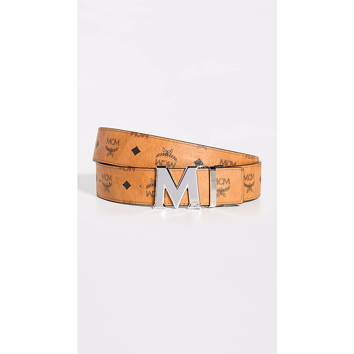 MCM Men's Claus Reversible Belt, Cognac, Tan, Graphic, Silver, One Size