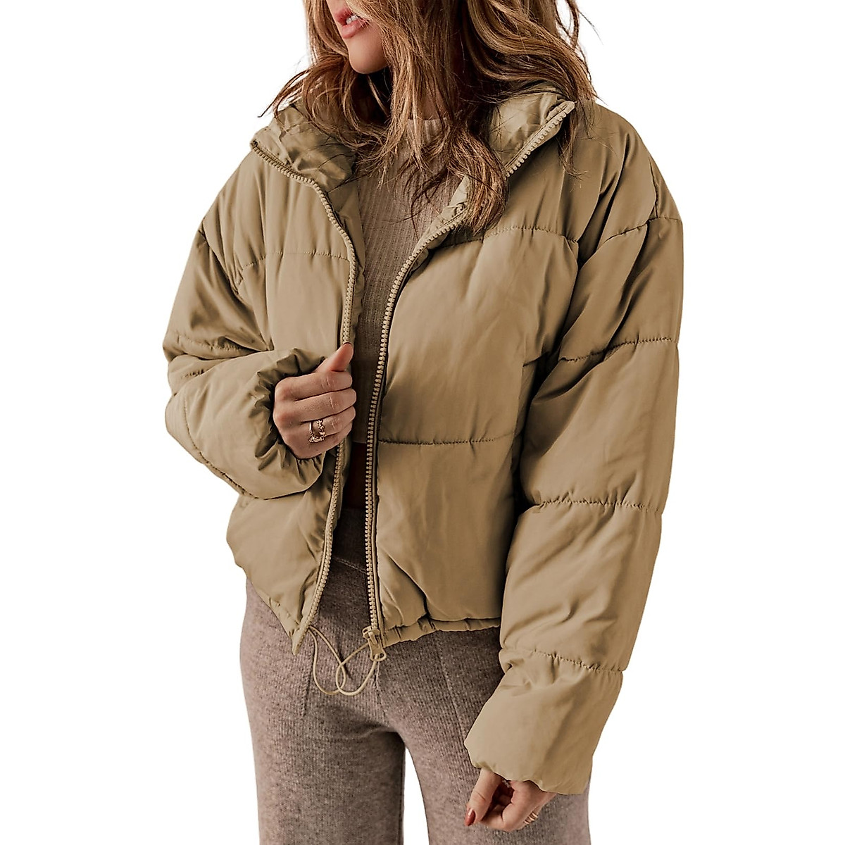 Dokotoo Womens Puffer Jackets Ladies Cute Warm Winter Coats for Women Oversized Stand Neck Full Zipper Up Drawstring Baggy Padded Jacket Coat Warm Comfy Soft Outerwear with Pockets Khaki XL