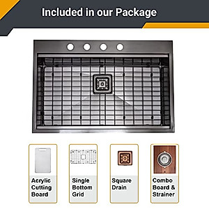Strictly Sinks 33” Topmount Kitchen Workstation Sink-Gunmetal Black Single Bowl 16 Gauge Stainless Steel Drop In Sink, Acrylic Cutting Board,Cutting Board with Strainer Bowl & Bottom Protector Grid