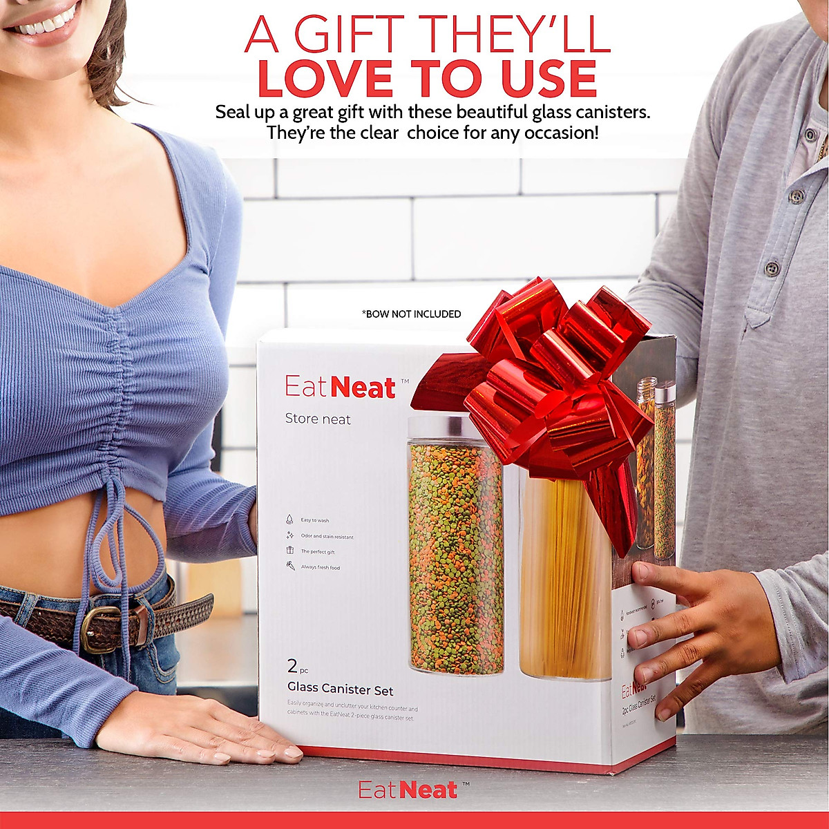 EatNeat 6 Piece Glass Canisters with Airtight Stainless/Snap Locking Lids - Tall Storage Glass Jars for Pantry & Kitchen