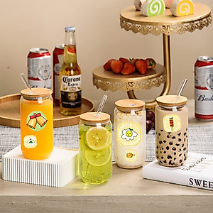 MOHARY 6 Pcs Drinking Glasses with Bamboo Lids and Straw 6pcs Set - 16oz U-Shaped Cups, Iced Coffee Glasses, Cute Reusable Bottle, Ideal for Whiskey, Beer, Tea, Gift - 2 Cleaning Brushes