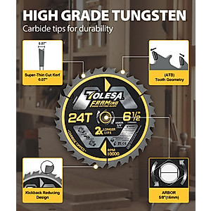 TOLESA 6 1/2 Circular Saw Blade 24 Teeth with 5/8" Arbor, ATB Carbide Teeth, Wood Cutting Framing Saw Blades for Miter Saw & Table Saw, Super Thin Kerf for Cutting Wood, Plywood, MDF, OSB (3 Pack)