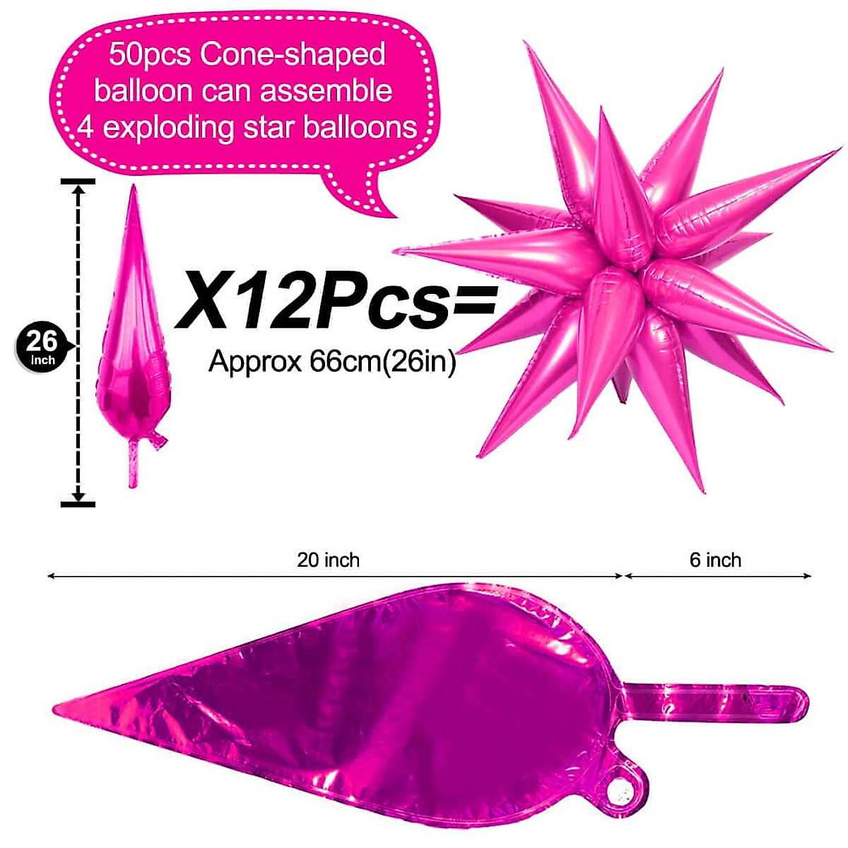 50 Pcs Hot Pink Foil Cone Star Balloons Big 26 inch Pink Explosion Star Mylar Balloons 12 Point 3D Starburst Star Balloons for Party Supplies Christmas Birthday Wedding Decorations Party Supplies