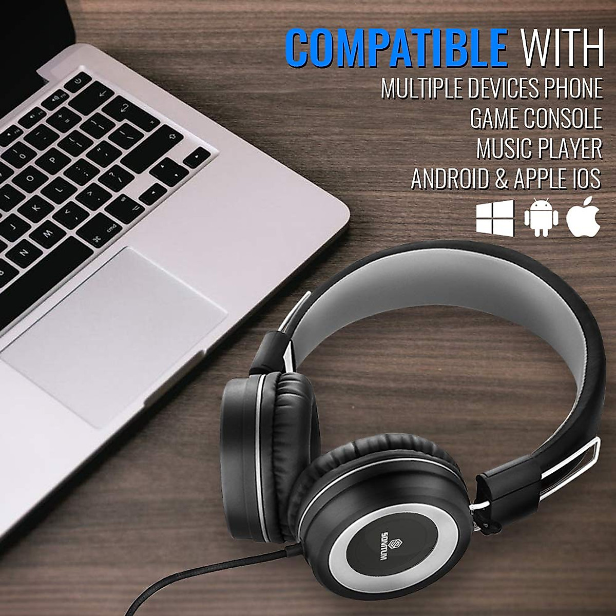 Sonitum Kids Headphones with Microphone, Wired Head Phones with Volume Control for Computer Cellphone, On Ear Headphones for School, Foldable/Adjustable fit Tangle Free 1.5m Cord, 3.5mm Jack