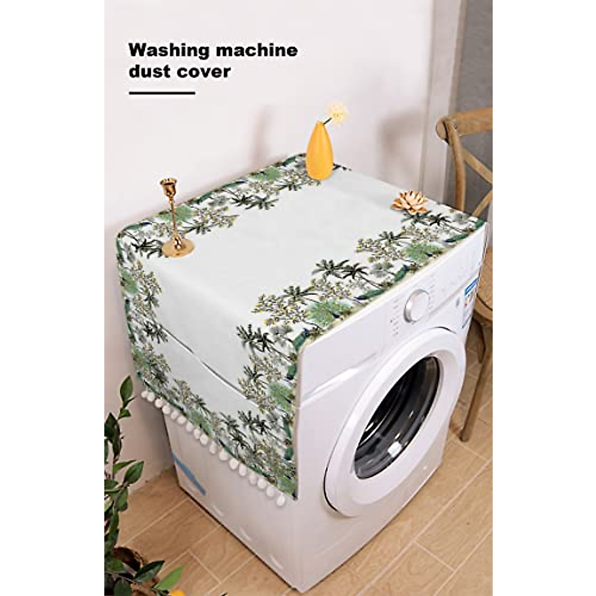 Fridge Dust Cover with Pockets, Summer Palm Tree Microwave Oven Dustproof Cover Decorative Kitchen Appliance Protector Cover Multi-Purpose Top Covers 12"x35" Tropical Green Leaves Peacock