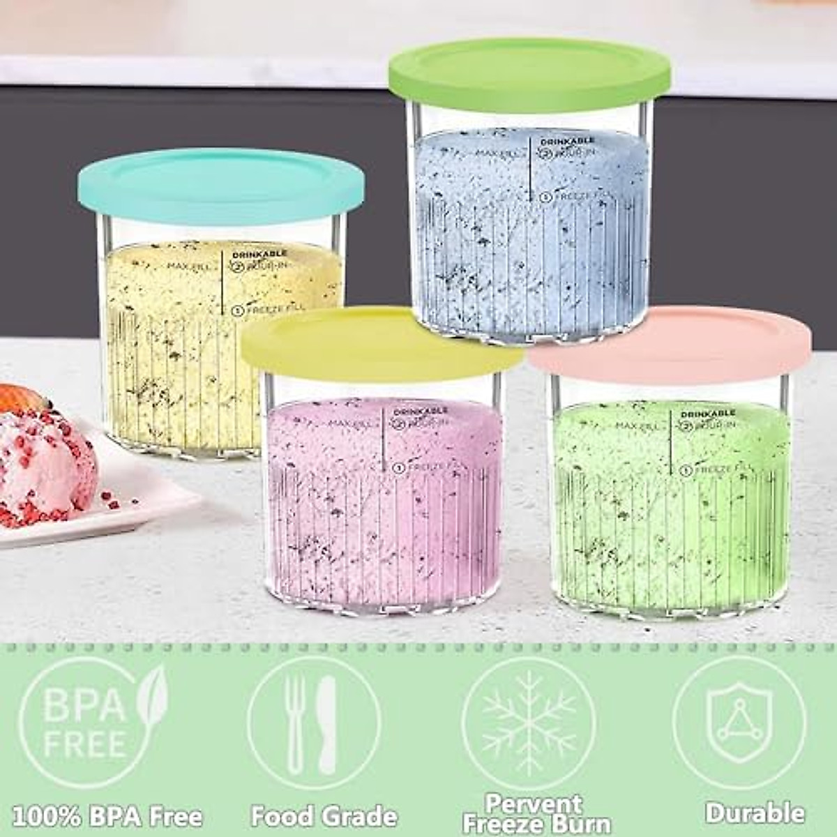 Quimoy Replacement for Ninja Creami Pints and Lids - 4 Pack, 24oz Creami Pint Containers Compatible with Ninja NC500 NC501 Series, Creami Deluxe Pints for Ninja BPA-Free & Dishwasher Safe