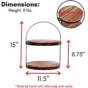 BIRDROCK HOME 2-Tier Cupcake and Cake Stand with Handle - Wood Iron Dessert Serving Tray - Rustic Farmhouse Dessert Stand - Modern Party Tiered Server - Table Kitchen Home Display - Round