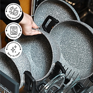 Karaca Gris BioGranite Cookware Set, 7 Piece, 3 Pots with Lid and Frying Pan, Natural Granite, Non-Stick Coating, Dishwasher Safe, Comfortable, Ergonomic Handle Grip
